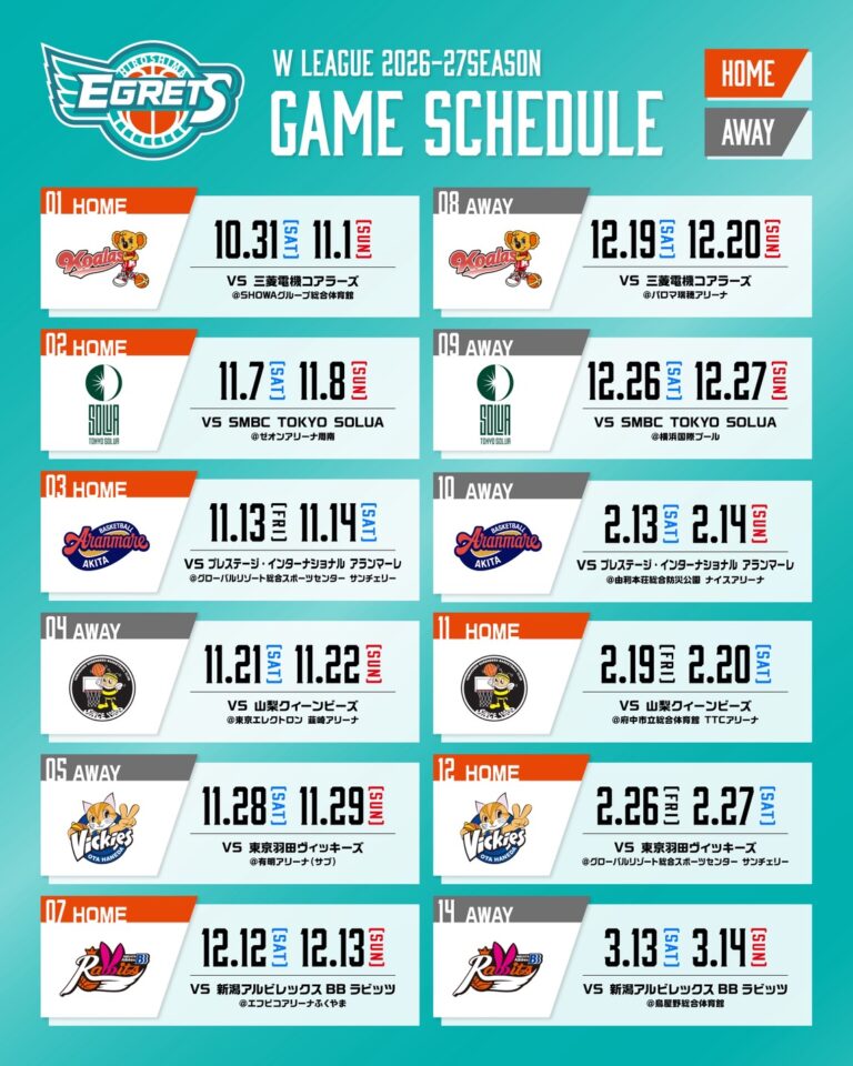 大樹生命Wリーグ2026-27シーズン試合日程決定のお知らせ | 広島イーグレッツ公式サイト